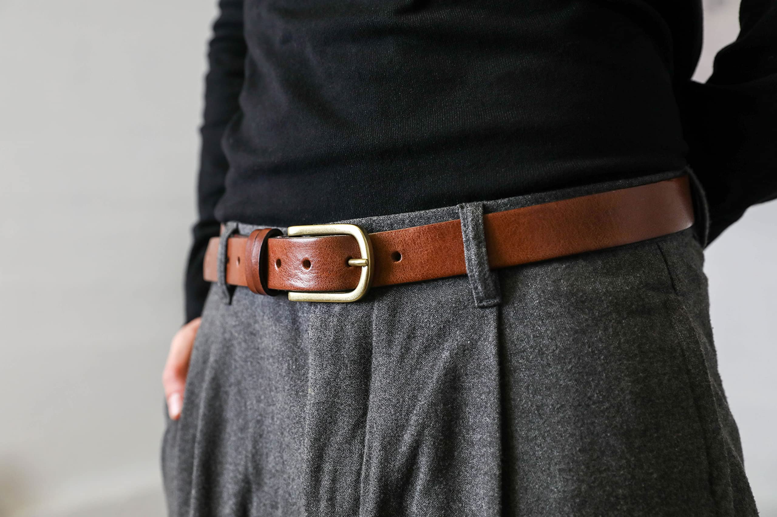 Time Resistance Full Grain Leather Belt for Men and Women, 100% Real Solid Leather Handmade Belt for Jeans and Work Business (L, Brown)