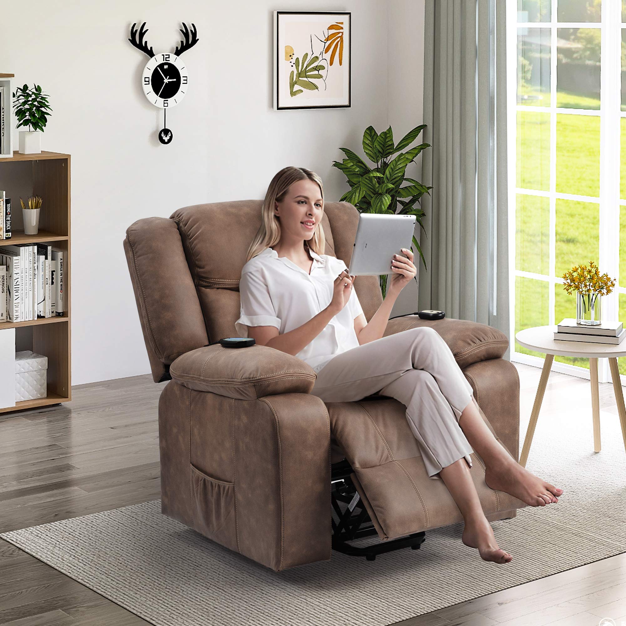 Prohon Chair with 5 Mode Vibration Massage and Heat Function, Comfort Lift Rocker Single Lounge Sofa Ergonomic Power Reclining for Adults Elderly, Brown