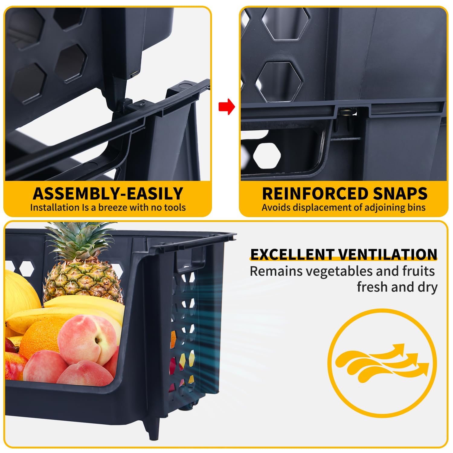 SAglorb Large Plastic Containers for Organizing and Stackable Storage Bins for Kitchen, Pantry Organization,Office or Bathroom,11.22-Inch x 7.68-Inch x 7.28-Inch 4-Pack,Black