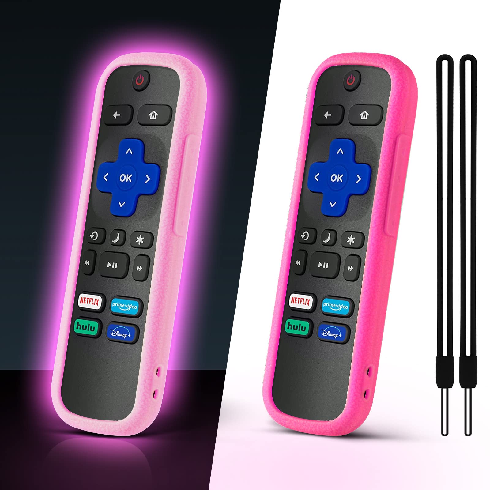 ONEBOM （2 Pack） Roku Remote Cover, Battery Case for TCL Roku Smart TV Steaming Stick Remote, Pink Silicone Roku tv Remote Case Glow in The Dark(Glow Pink+Rose Red)