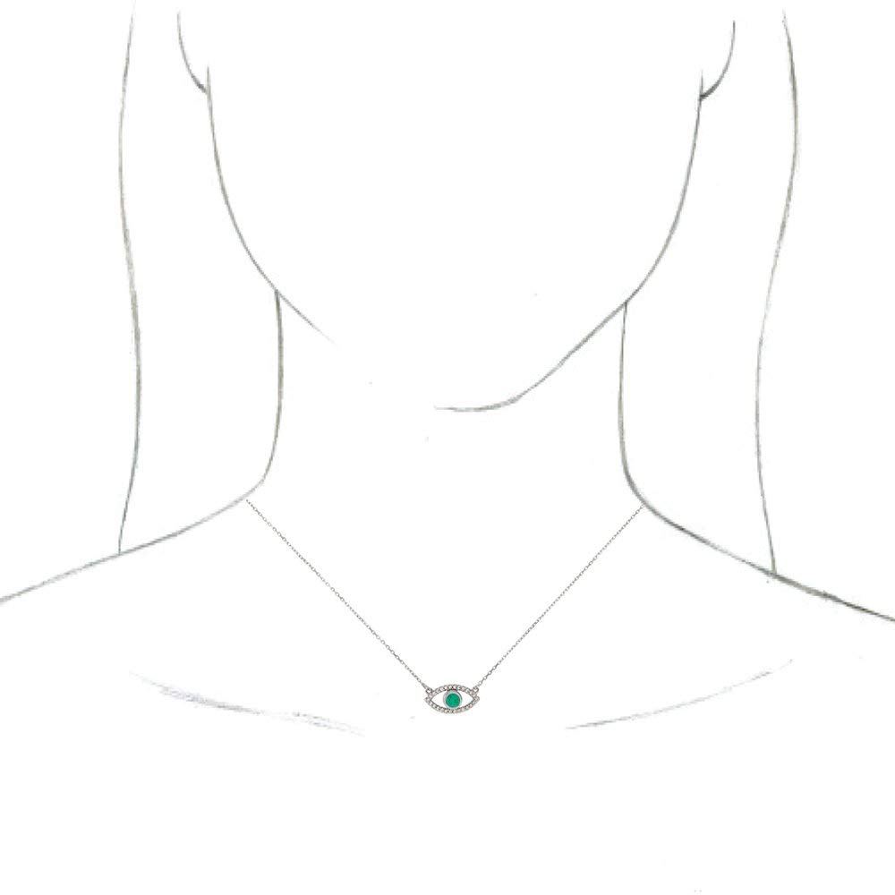 Solid 14k White Gold Solitaire Created Emerald and White Gold Solitaire Sapphire Evil Eye Charm Pendant Chain Necklace 16" (15mm x 8.1mm)