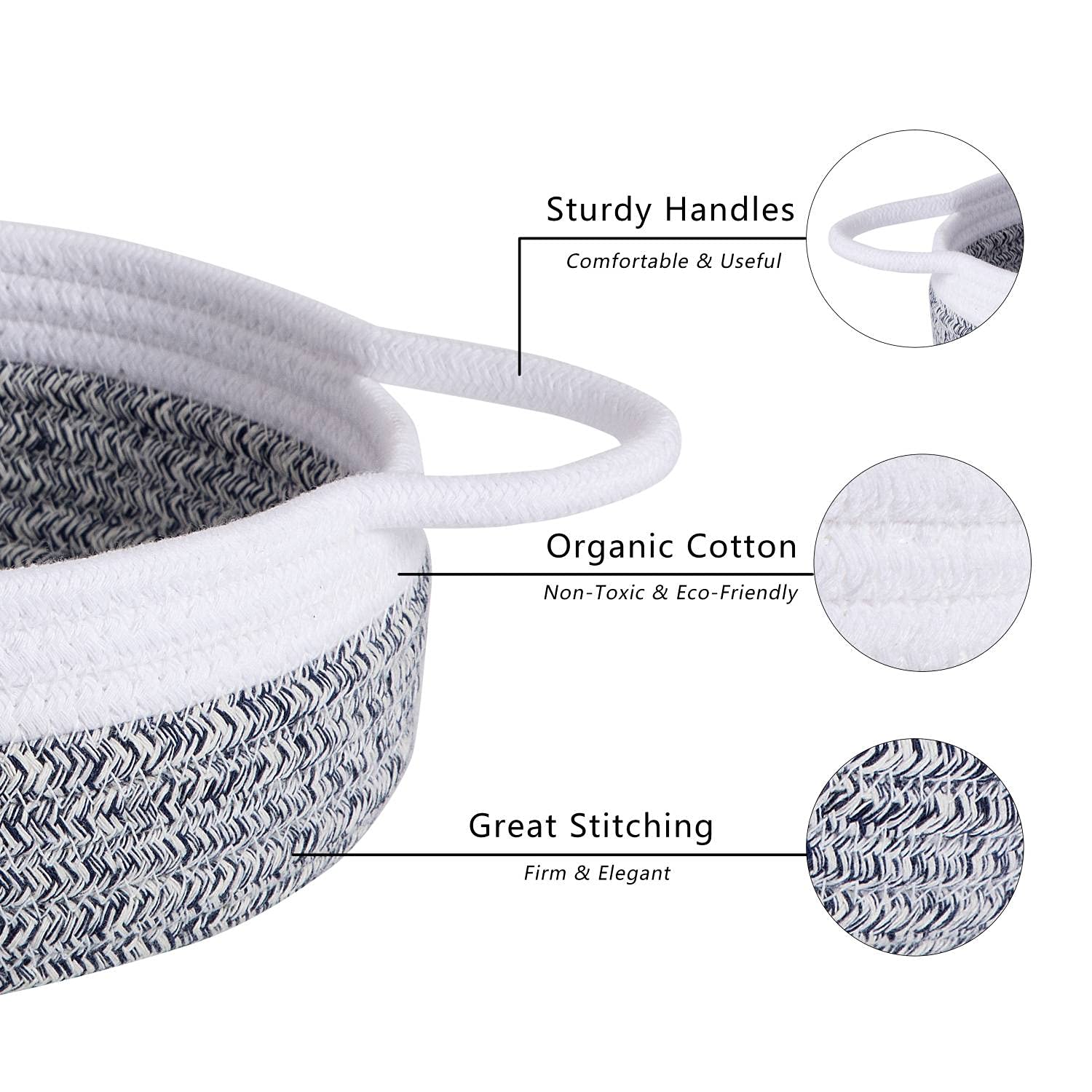 Polarduck Cotton Rope Basket Woven Small: Cute Size 9.8"x8.2"x2.6" with Handles as Home Decor Desk Organizer Room Storage - Perfect for Toy Key Fruit Candy Gift | 2-Pack Grey