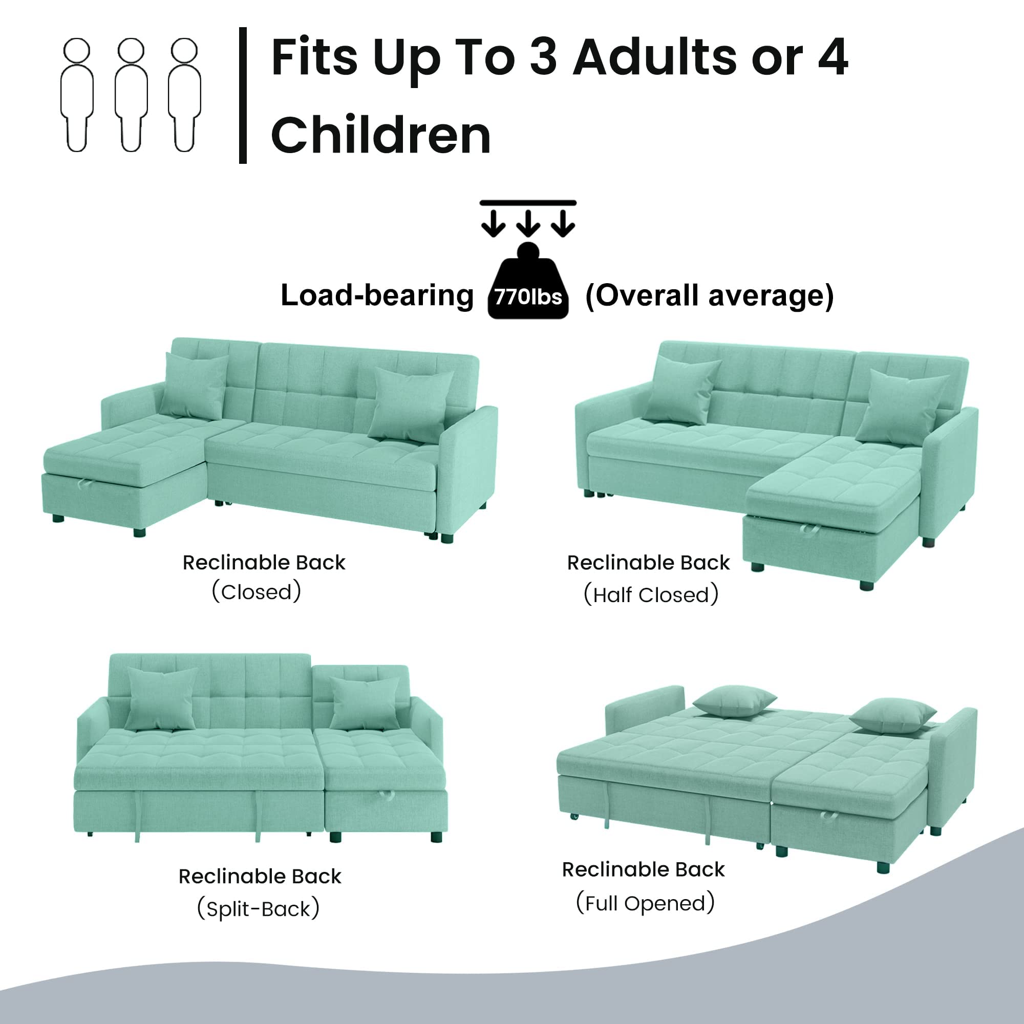 POVISON Reversible Sectional Sofa Sleeper, 82'' Wide Sectional Couch Pull-Out Sofa Bed L-Shape Upholstered Sofa Bed with Storage Chaise for Living Room (Green)