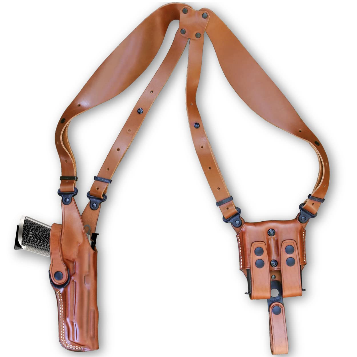 Premium Leather Vertical Shoulder Holster System with Double Magazine Carrier for Kimber 1911 5'' Inch BBL, Right Hand Draw, Brown Color #1111#
