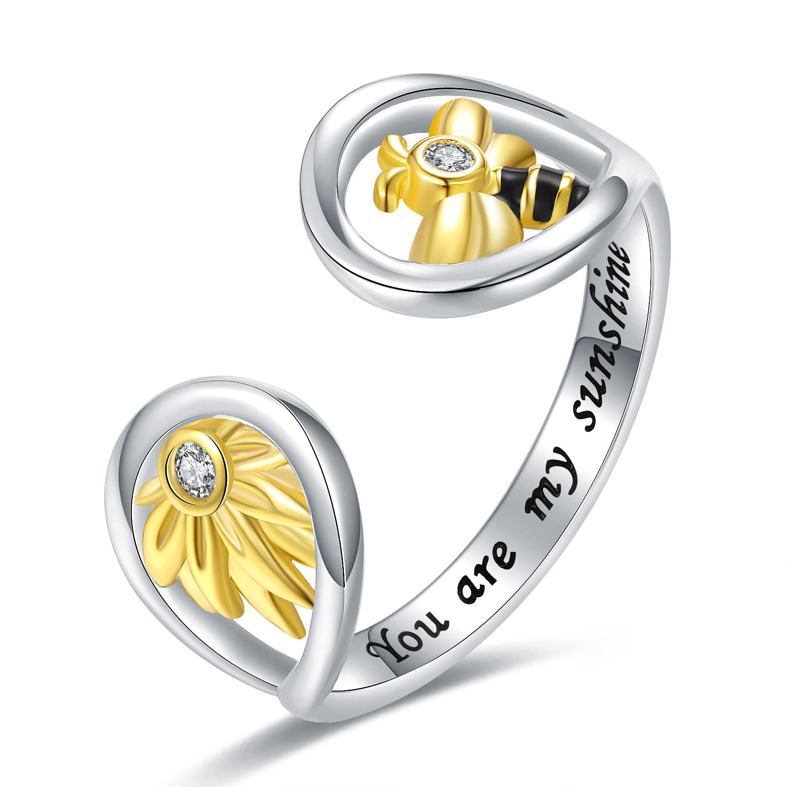 WOUOVO Sunflower Bee Rings for Women - 925 Sterling Silver Adjustable Ring You are My Sunshine Ring Chrismas Mother's Day Birthday Jewery Gift for Teen Girls MOM