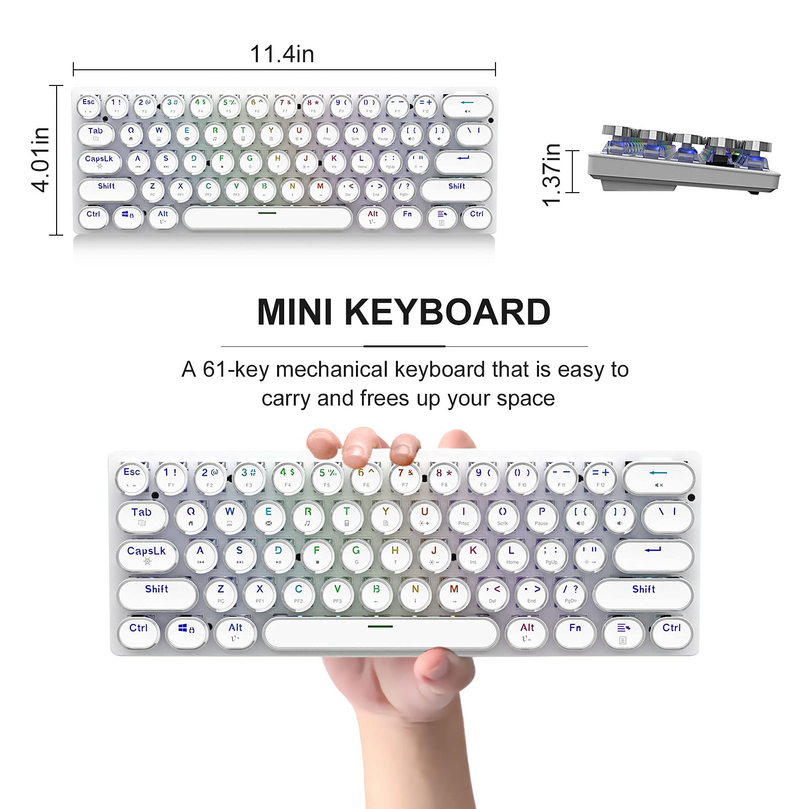 STOGA 60% Mechanical Keyboard, Gaming Keyboard for PC, Wired Mini White keyboaed Compact RGB LED Backlit, Retro Computer Keyboard Typewriter Style Round Keycap for PC Gamer/Office, 61 Keys