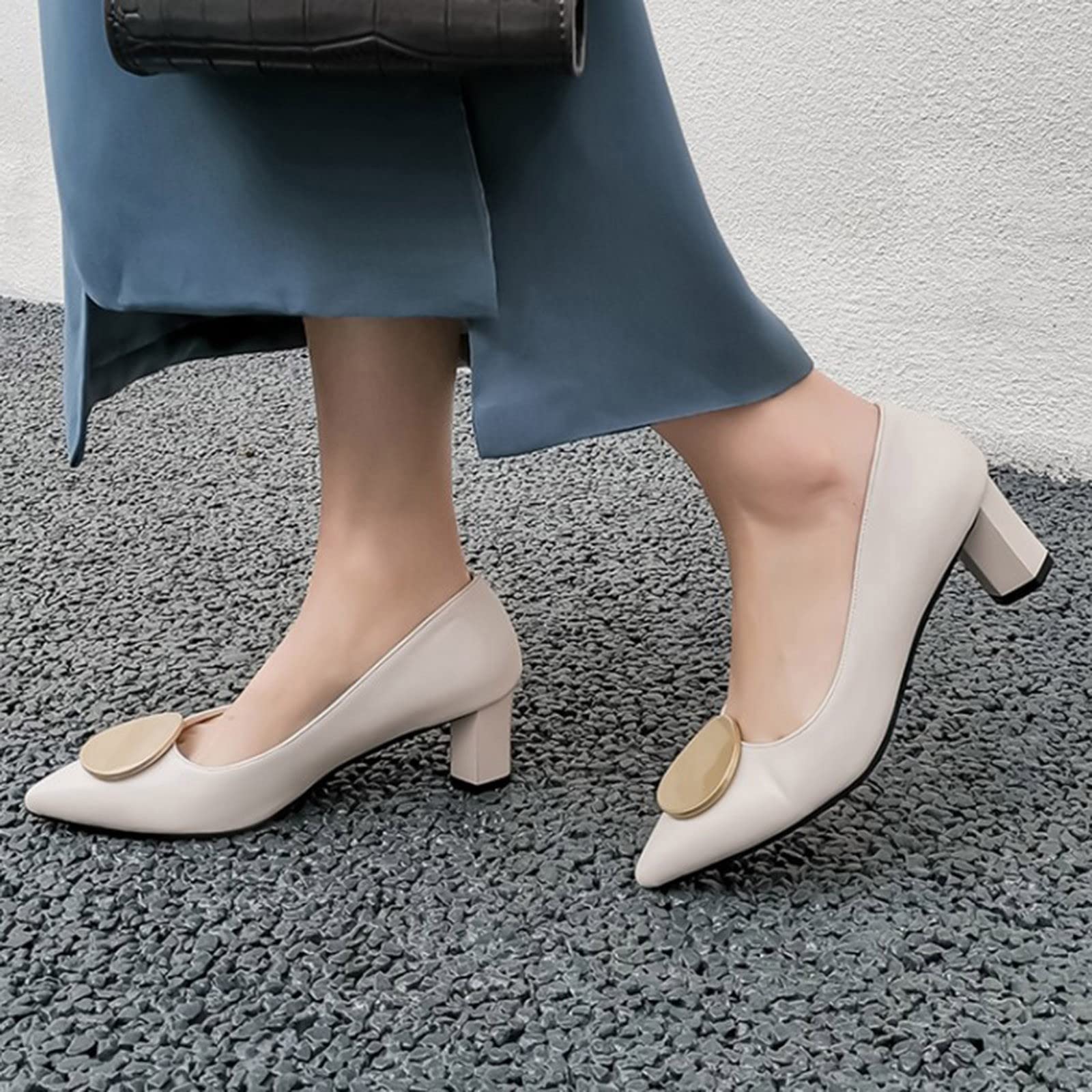 Women's Simple and Stylish Solid Color Spring and Summer Plain Simple Thick Heel Pointed Womens Casual Shoes Leather Beige