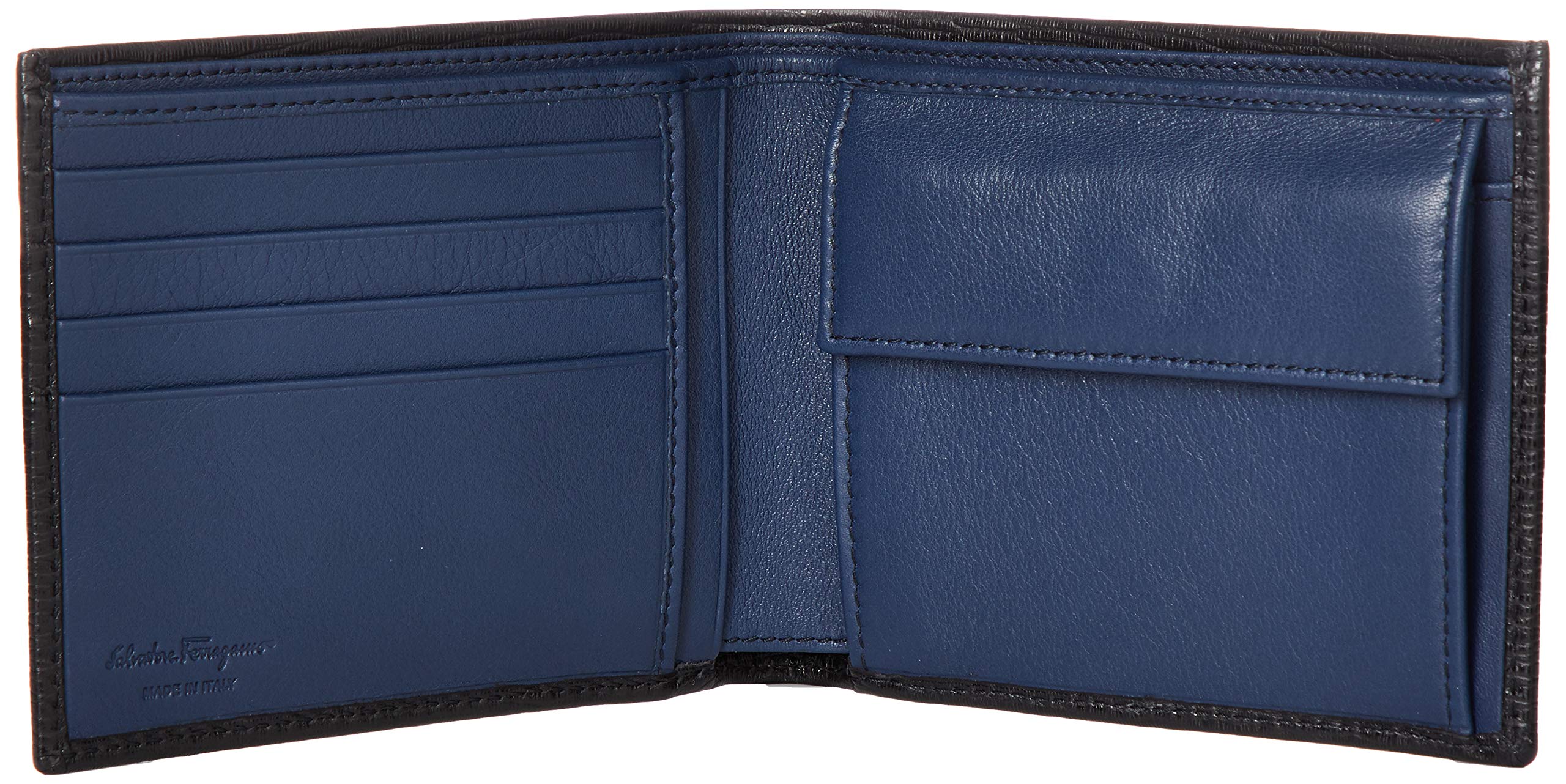 Salvatore Ferragamo 66A065-685987 Gancini Genuine Leather Wallet, NERO/FJORDBLUE