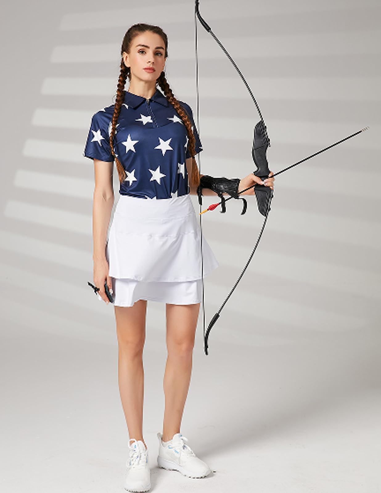Women's Short Sleeve Golf Polo Shirts Moisture Wicking Golf Apparel Lady Golf Tops US Flag, Medium