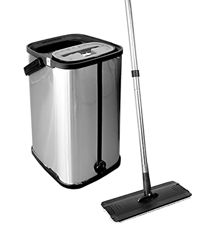 Silver Flat Floor Mop and Bucket Set, Stainless Steel Bucket and Telescopic Handle, 2 Washable Mop Pads, Professional Home and Office Cleaner for All Types of Floors, Hardwood, Laminate, Tile