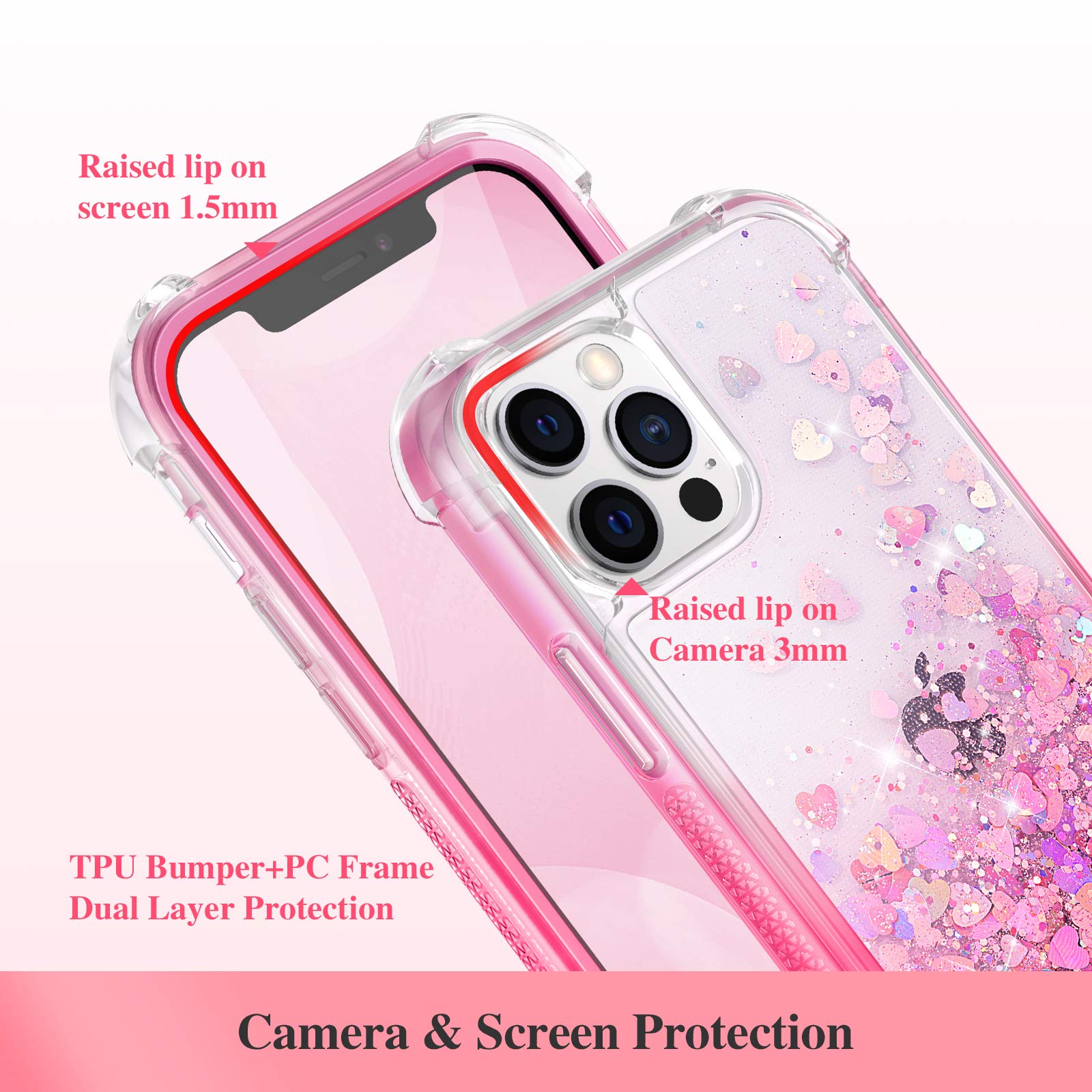 Ruky iPhone 12 Pro Case, iPhone 12 Glitter Case Full Body Rugged Liquid Cover with Built-in Screen Protector Shockproof Girls Women Phone Case for iPhone 12/iPhone 12 Pro 6.1”, Gradient Pink