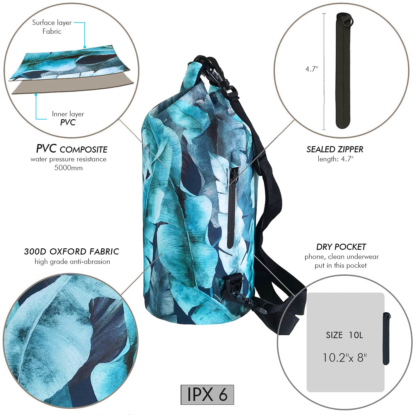 snailman Waterproof Dry Bag for Women Men, Roll Top Lightweight Dry Storage Bag Backpack with Phone Zipper Pocket (Banana leaf, 10L)