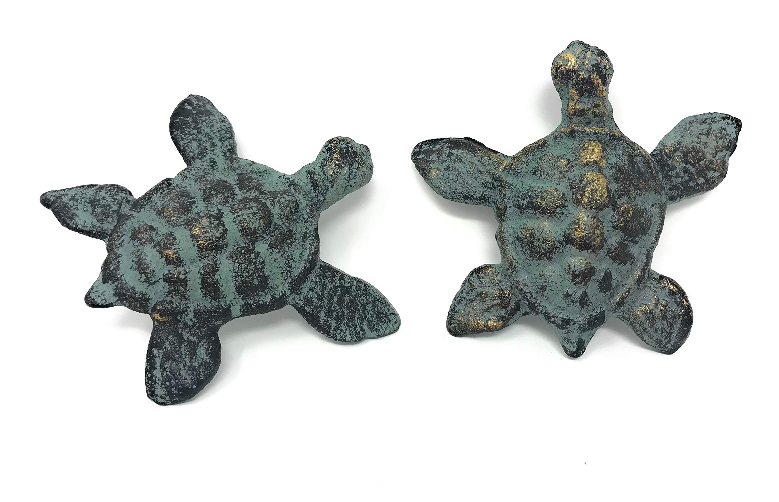 Set of Patina Green & Gold Turtle Garden Figures - Cast Iron Statue for Patio Planter or Pot Accent