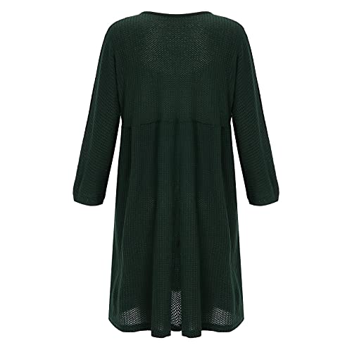 Waffle Swing Dress for Women Deep V Neck Long Sleeve Ruched Dress Solid Color Button Pockets Loose Dress
