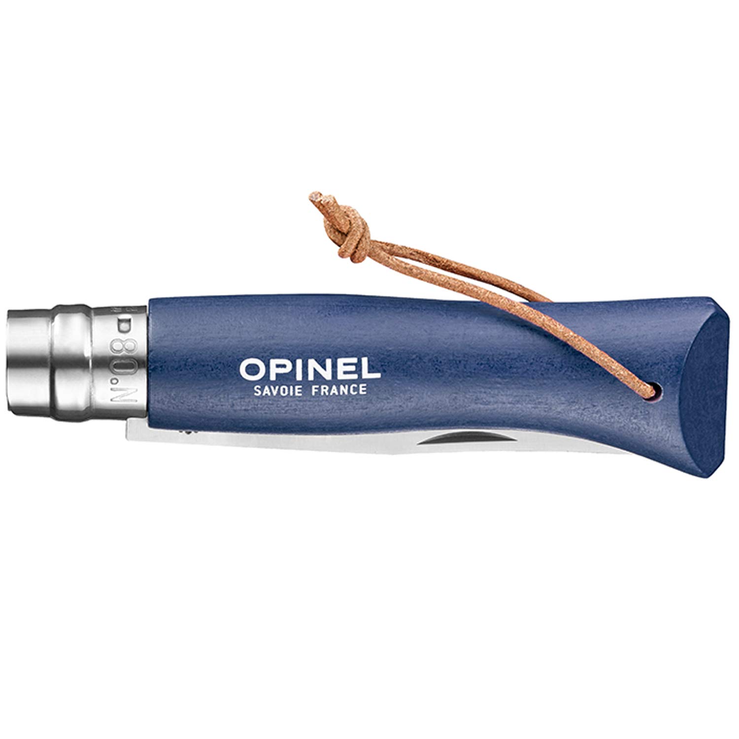 Opinel Colorama Series No. 8 - Stainless Steel Everyday Carry Folding Pocket Knife with Leather Strap, Painted Hornbeam Handles, Deep Blue