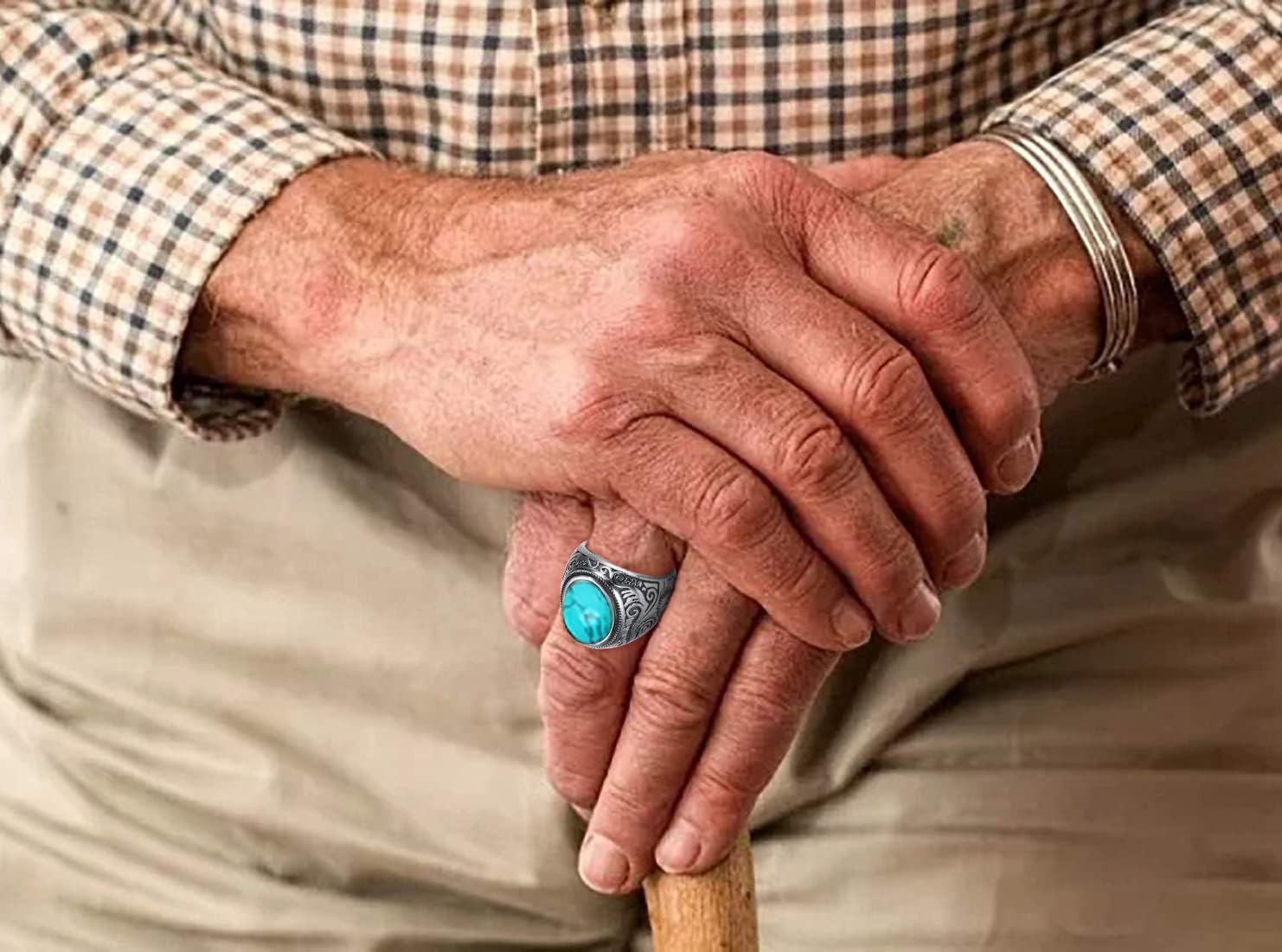 Retro Vintage Stone Rings for Men Turquoise Rings Stainless Steel Signet Biker Band Black Stone 10