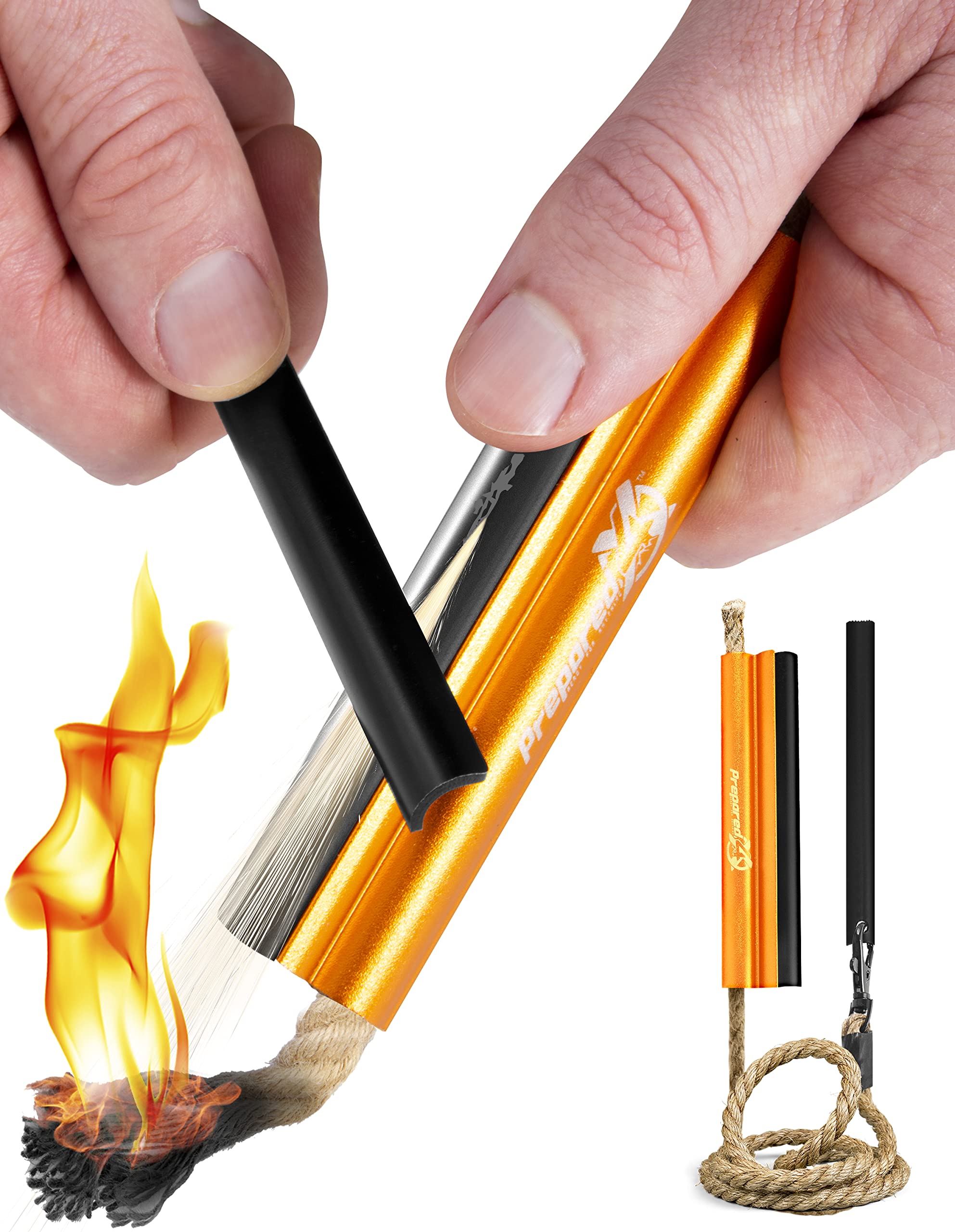 PREPARED4X Fire Starter Survival Tool – Ultimate All-in-one Ferro Rod, Flint and Steel, 36" Waterproof Tinder Wick Rope, Patented Fire Starter Kit – 6” x 1/2” Fire Steel (Large)
