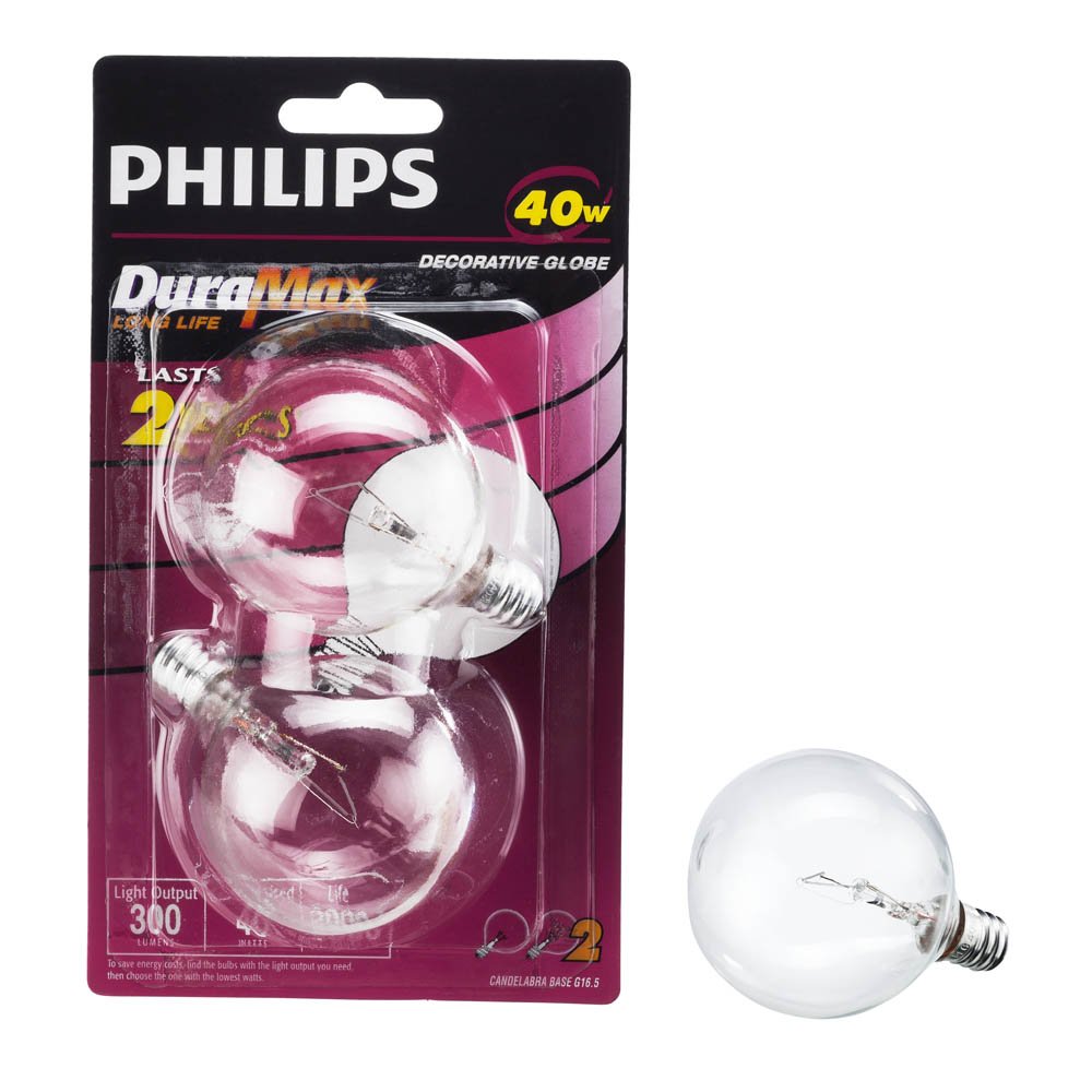Philips 168468 40-watt G16.5 DuraMax Clear Decorative Candelabra Base Globe Light Bulb, 2-Pack