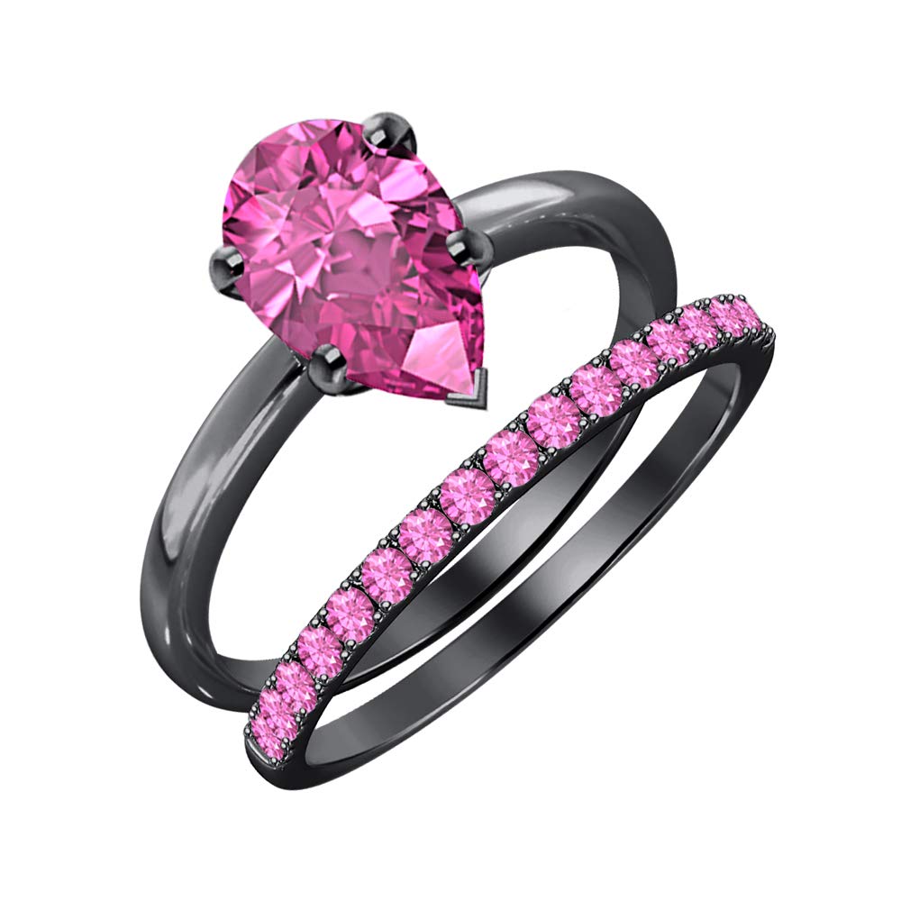 Solitaire Pear Shape Created Pink Sapphire Wedding Band Engagement Bridal Ring Set for Women 18k Black Gold Over .925 Sterling Silver