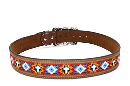 West Star Texas Embroidery Fabric Belt Aztec Print Men Women Cowboy Genuine Leather 1.5'' 2205 BR L
