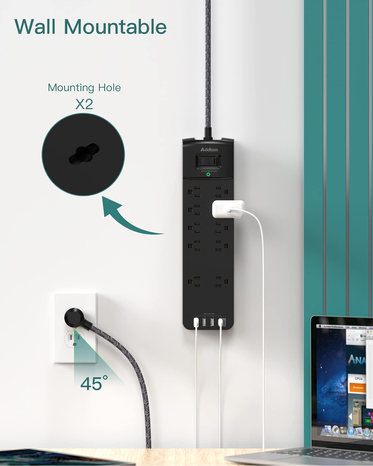 Power Strip - Surge Protector with 10 Outlets and USB C, 5 FT Extension Cord Flat Plug with Overload Surge Protection, 1875W/15A, Wall Mountable for Home, Office, Dorm Essential, (2700 Joules)