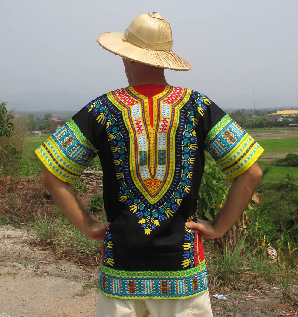 RaanPahMuang Brand Unisex Bright African Black Dashiki Cotton Shirt #24 (Large)