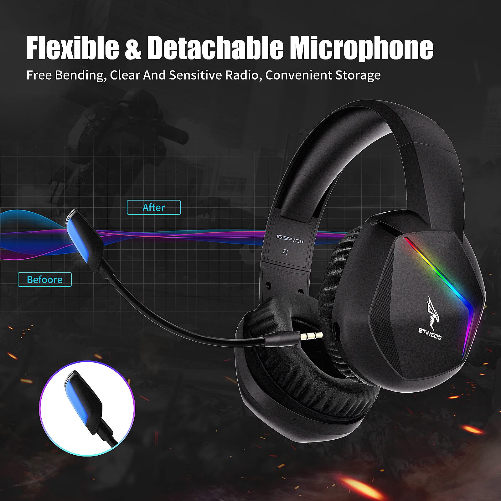 SOMIC 2.4G Wireless Gaming Headset with Microphone for PS5, PS4, Computer Gamer Headphone with Stereo Sound, Detachable Mic, Soft Earmuffs, RGB LED Light, 10H+ Playtime (Xbox one in Wired Mode) GS401