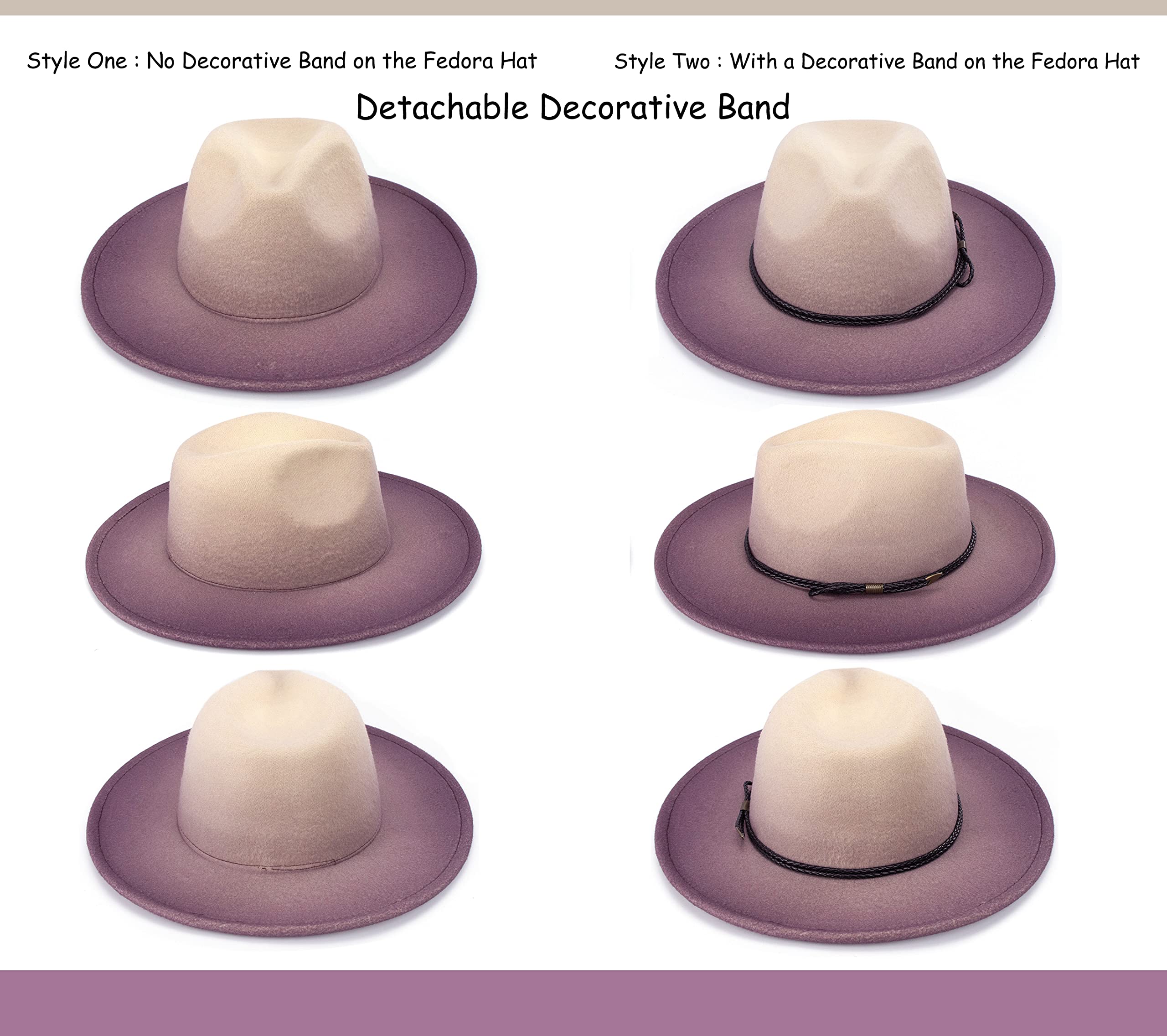 Two-Tone Gradient Fedora Hat for Women British Felt Panama Hats Ladies Tie-Dye Wide Brim Top Hat (Medium (Adjustable 22-27 Inches), Lavender Gradient(Detachable Decorative Black Belt)