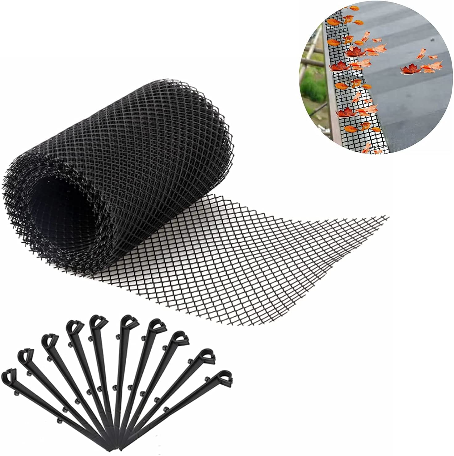 Plastic Gutter Guard Mesh Protector, 6β x 20 Ft Roofing Gutters Screen Roll with 10 Clip Fixing Hooks, Leaf Protection Cover Netting to Stop Gutter Drain Downspout Clogging from Leaves or Debris