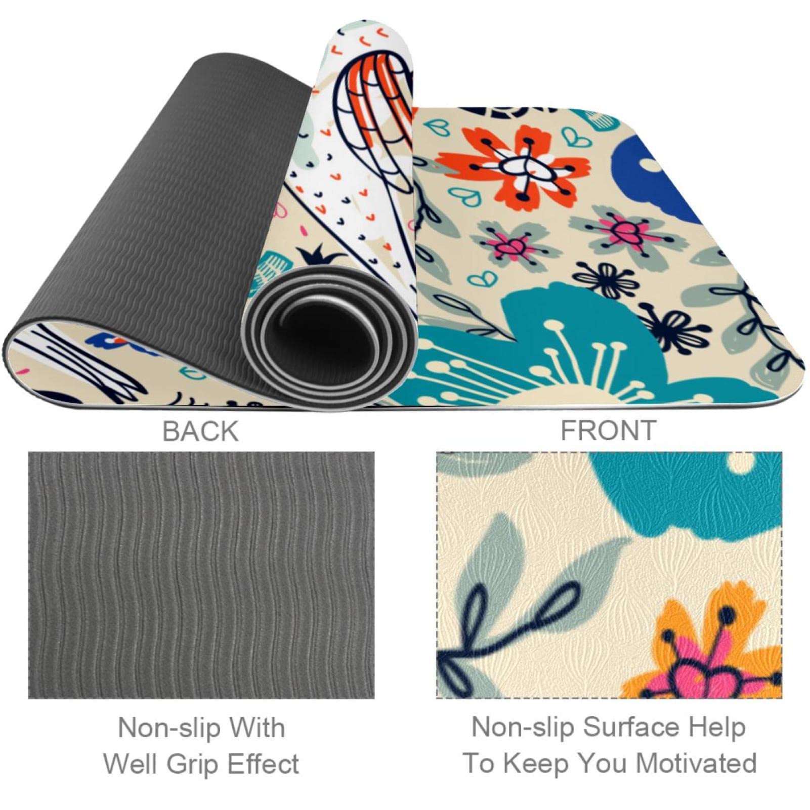 Yoga Mat, Yoga Mats for Home Workout, Workout Mat, Exercise Mats, Pilates Mat, bird plant flower pattern