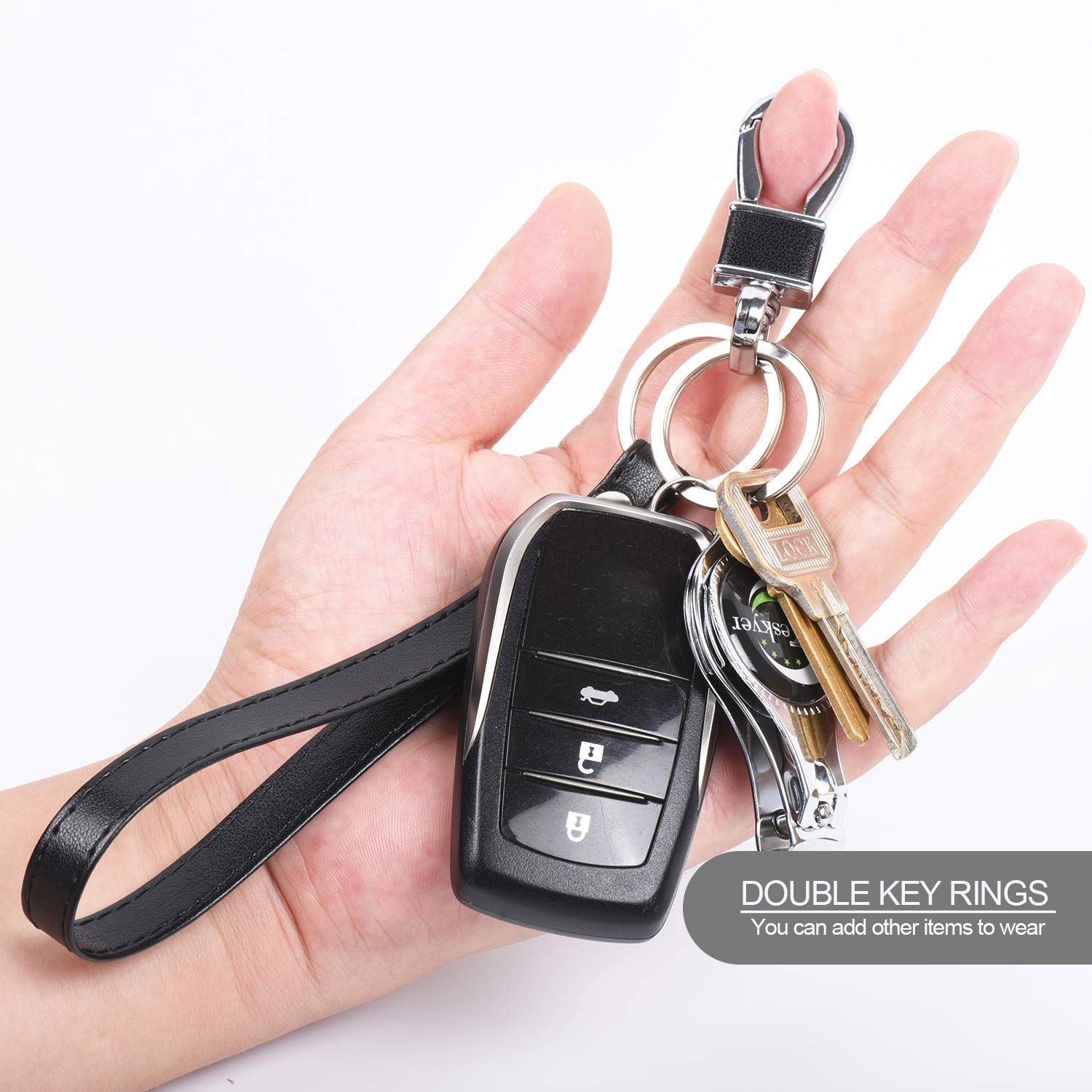 Teskyer Wristlet Keychain, Leather Wrist Strap Key Chain with Credit Card Holder, Black