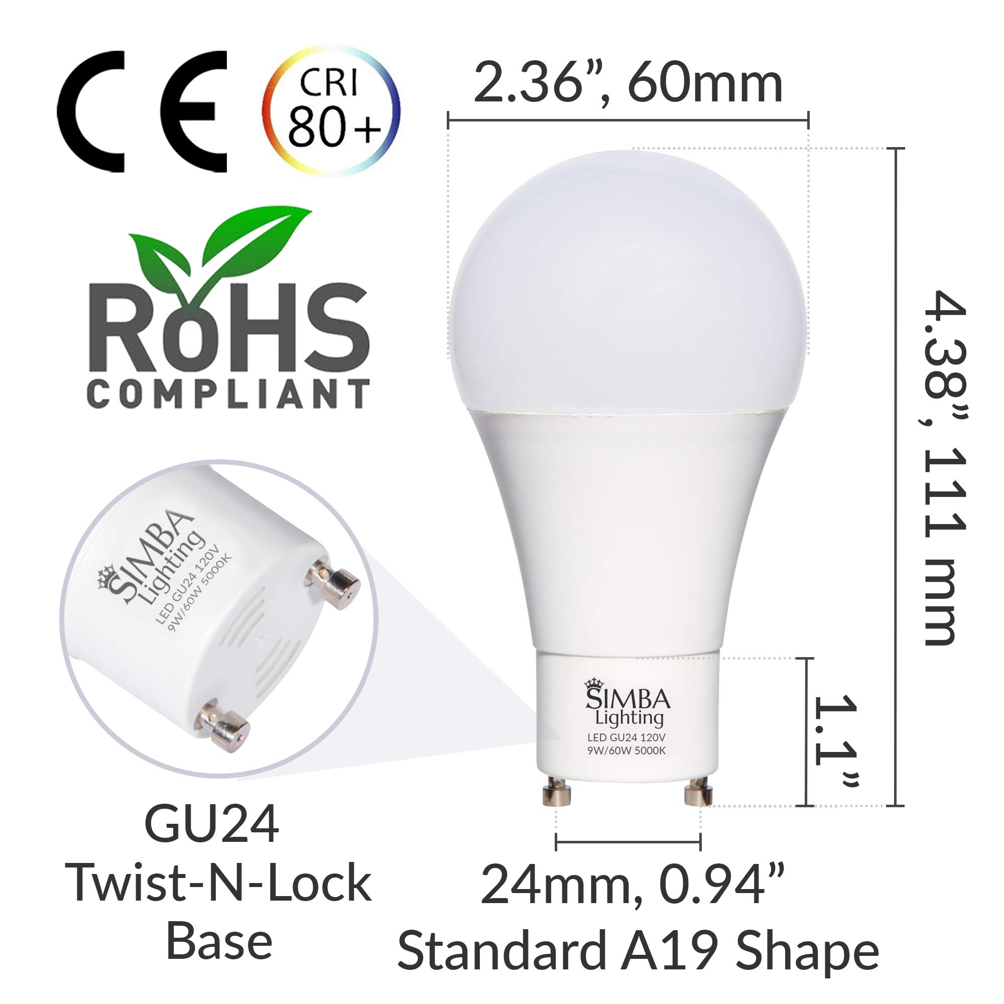 Simba Lighting LED GU24 A19 Light Bulb 9W 60W to 75W Replacement (4 Pack) 120V 2 Prong Twist and Lock Base for Ceiling Lights, Pendants, Outdoor Lanterns, Floor Lamps, Non-Dimmable, 5000K Daylight
