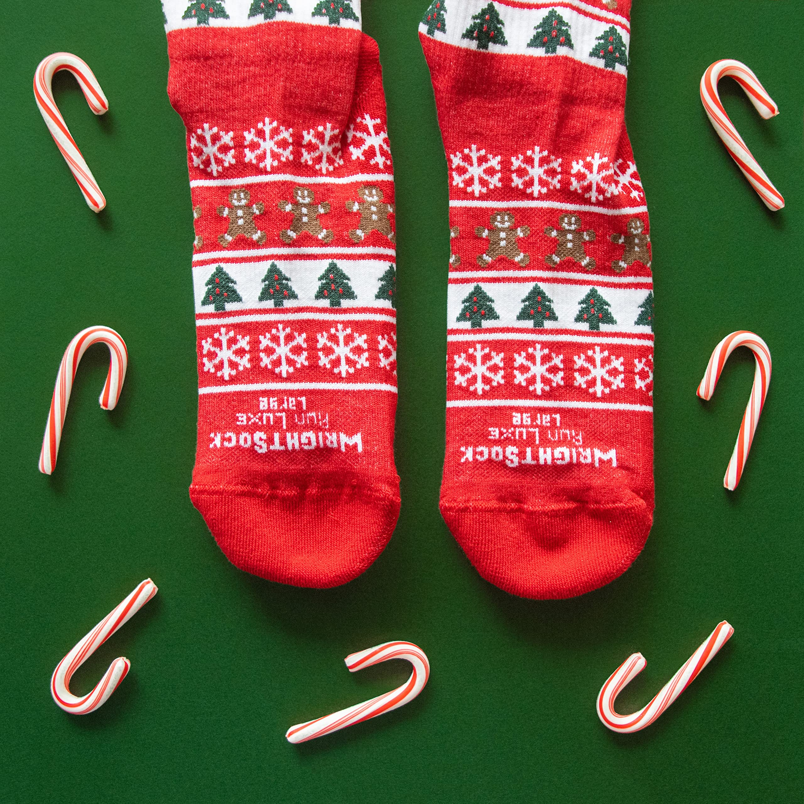 Wrightsock Explore Christmas Stripes - Cushion, Double Layer, Crew, Lightweight Comfort for Men and Women Walking Running Socks, Red/Christmas Stripes, Medium