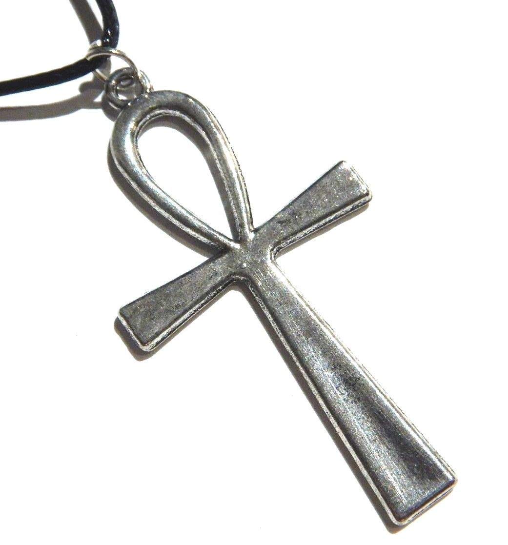 Silvertone Ankh Pendant on Black Cord Necklace Egyptian ansate Cross Amulet Death Cosplay