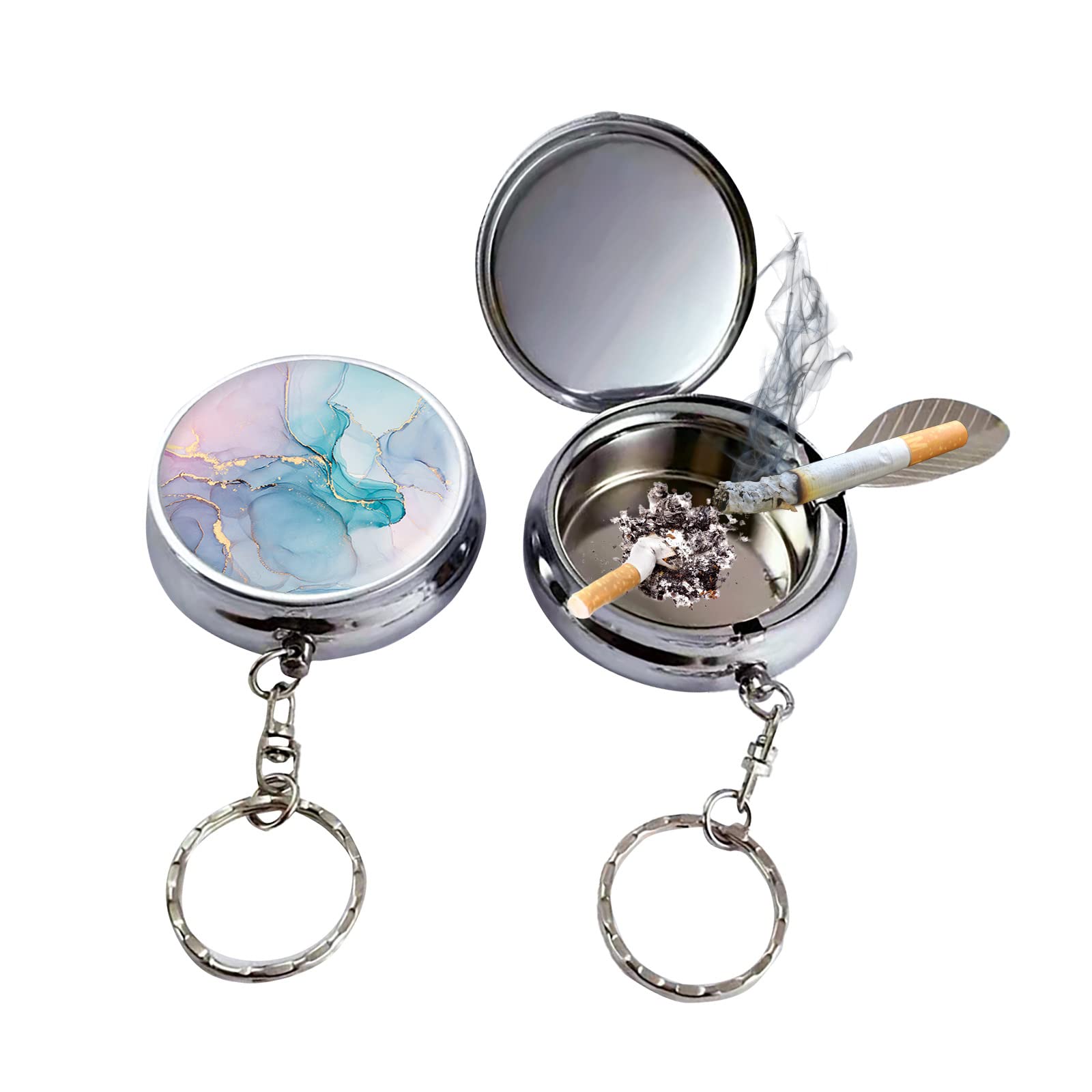 Portable Pocket Ashtray,Metal Circular Ashtray Key Chain with Snuffer, Personalized Ashtray Holder for Convenient Outdoor Use(Pretty Pink Marble)