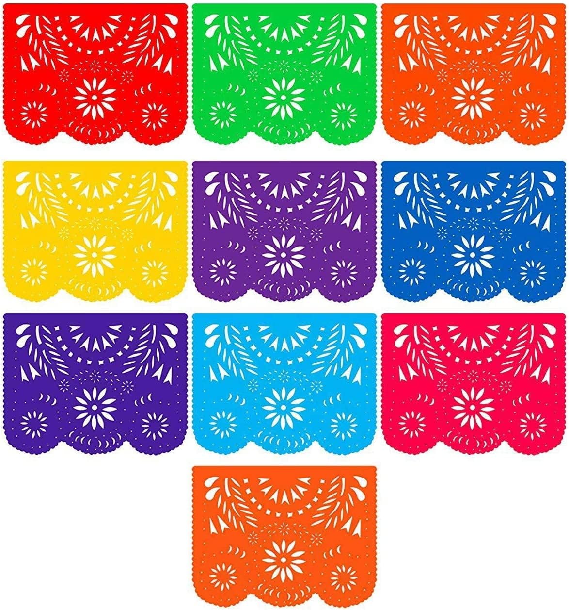 RICO RICO - Plastic Papel Picado 1 Pack, Ideal for a Mexican Fiesta, Cinco de Mayo, Mexican Themed Party and Fiesta Party Decorations,16 Feet Long - 10 Unique Designs.