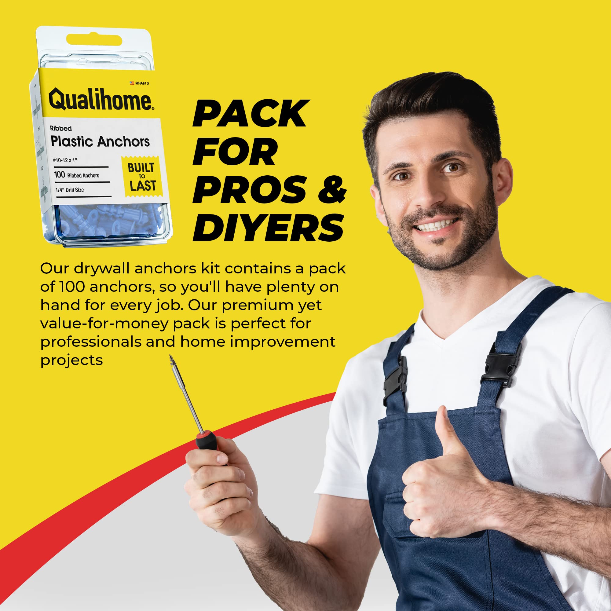 Qualihome Drywall Anchors Premium Quality Ribbed Lightweight Plastic Anchors for Hollow Walls β Wall Hanging Anchor Kit for Pictures, Artwork & Light Duty Anchoring Application (#10-12 x 1")