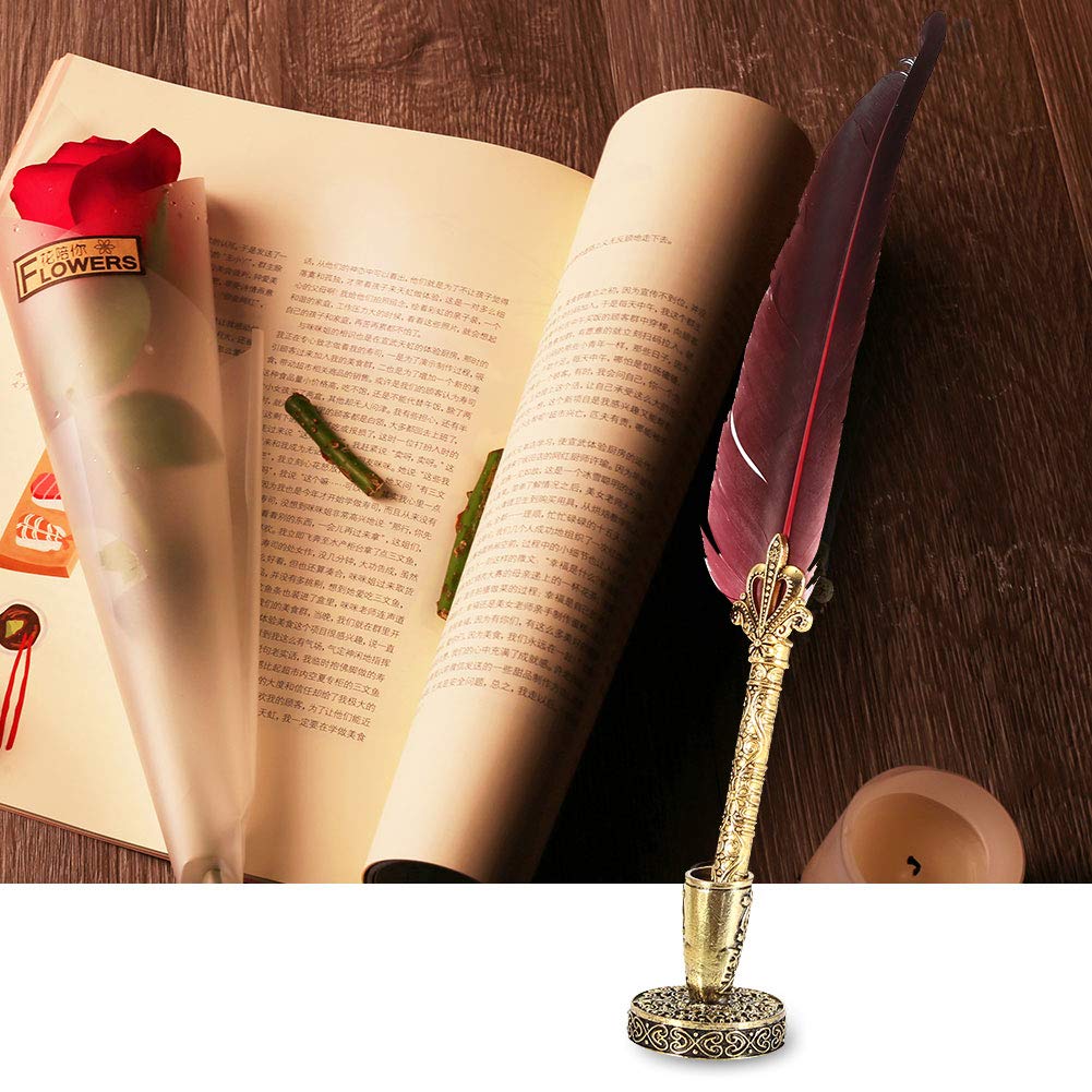 Simlug Calligraphy Pen Feather Quill Pen Set, Vintage Retro Feather Dip Pen Stainless Steel Nibs Calligraphy Writing Ink Pen Gift(Wine Red)