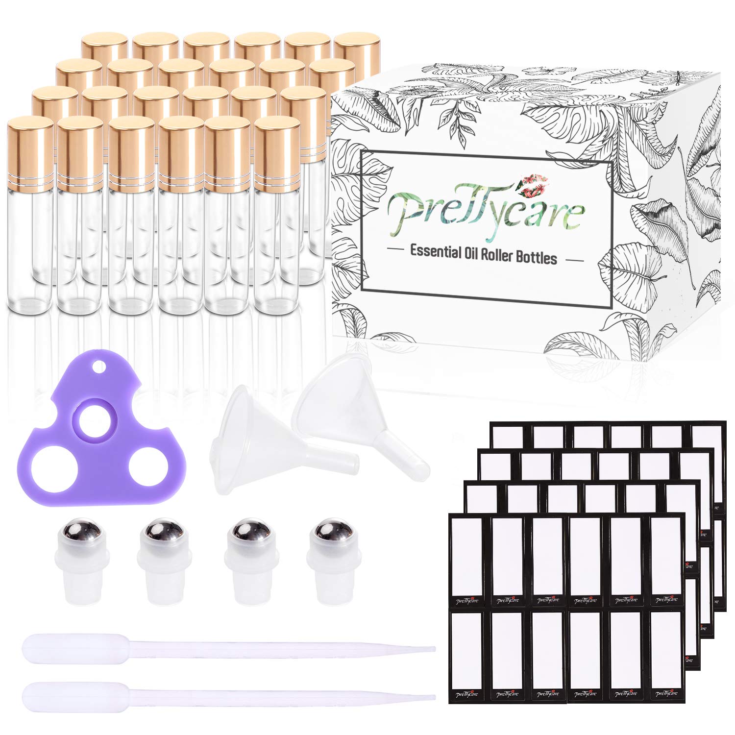 PrettyCare Essential Oil Roller Bottles 10ml (24 Pack Clear Glass Bottle with Gold Cap, 4 Extra Roller Balls,48 Labels, 2 Openers, 2 Funnels Roller Balls For Essential Oils, Roll on Bottles