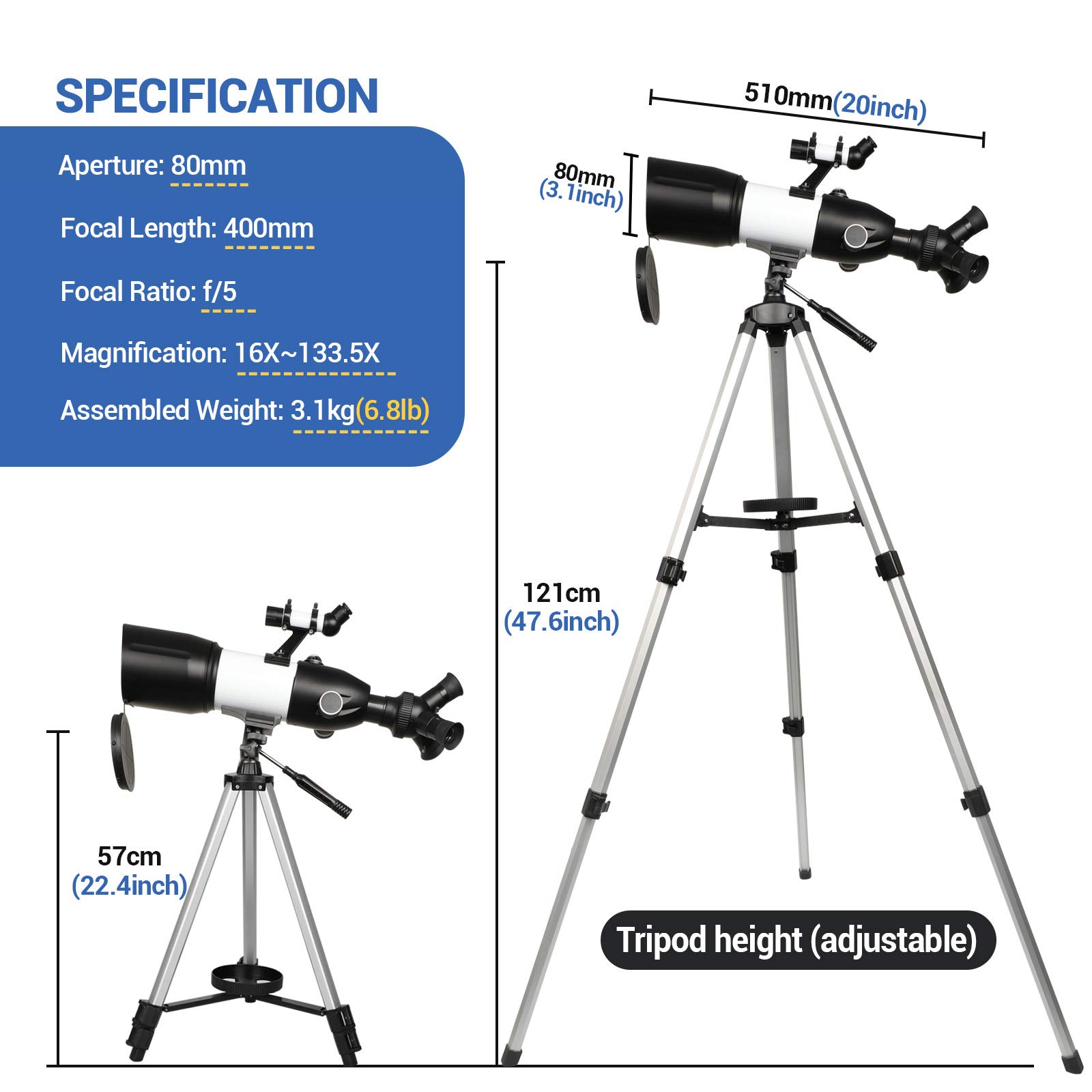 Telescopes for Adults Astronomy, 80mm Large Aperture for Astronomy Beginners, Adults 3 Rotatable Eyepieces Refractor Telescope 400mm/80mm with Tripod, Phone Adapter