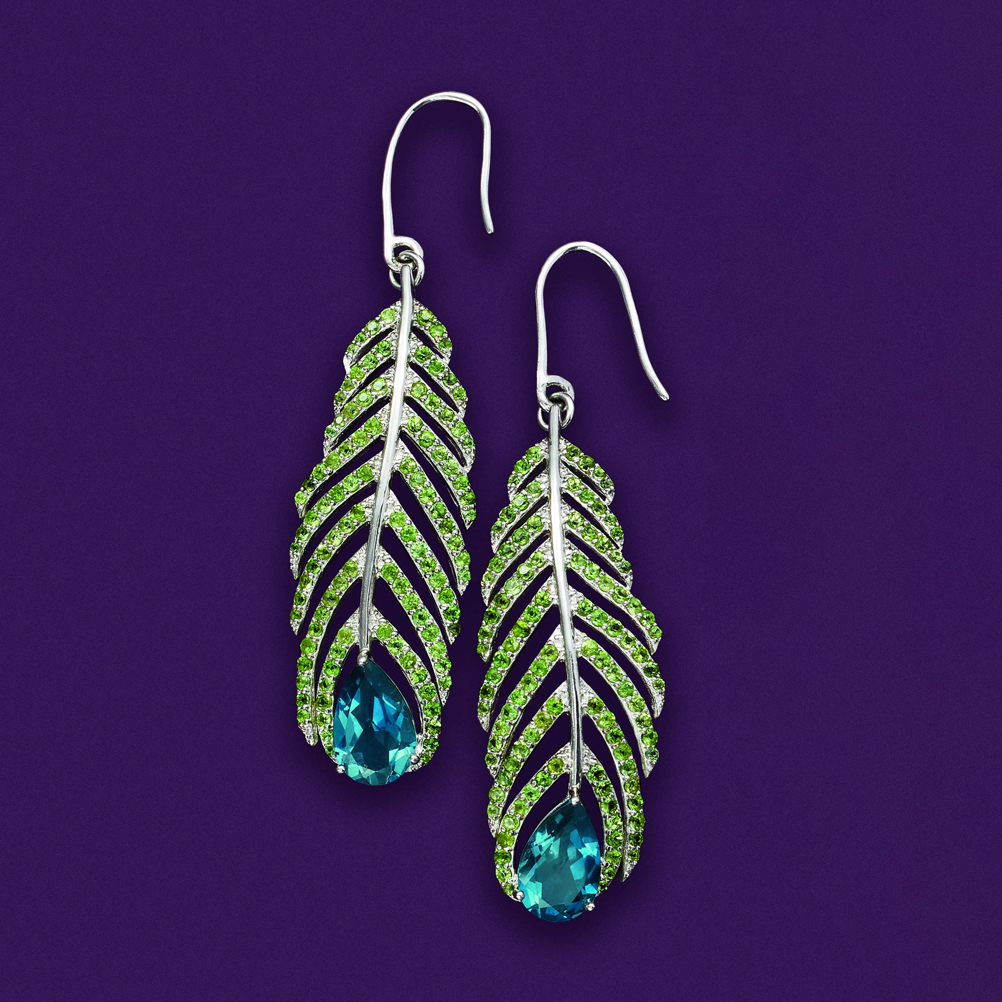 Ross-Simons 5.50 ct. t.w. London Blue Topaz and 3.30 ct. t.w. Green Tourmaline Feather Earrings in Sterling Silver