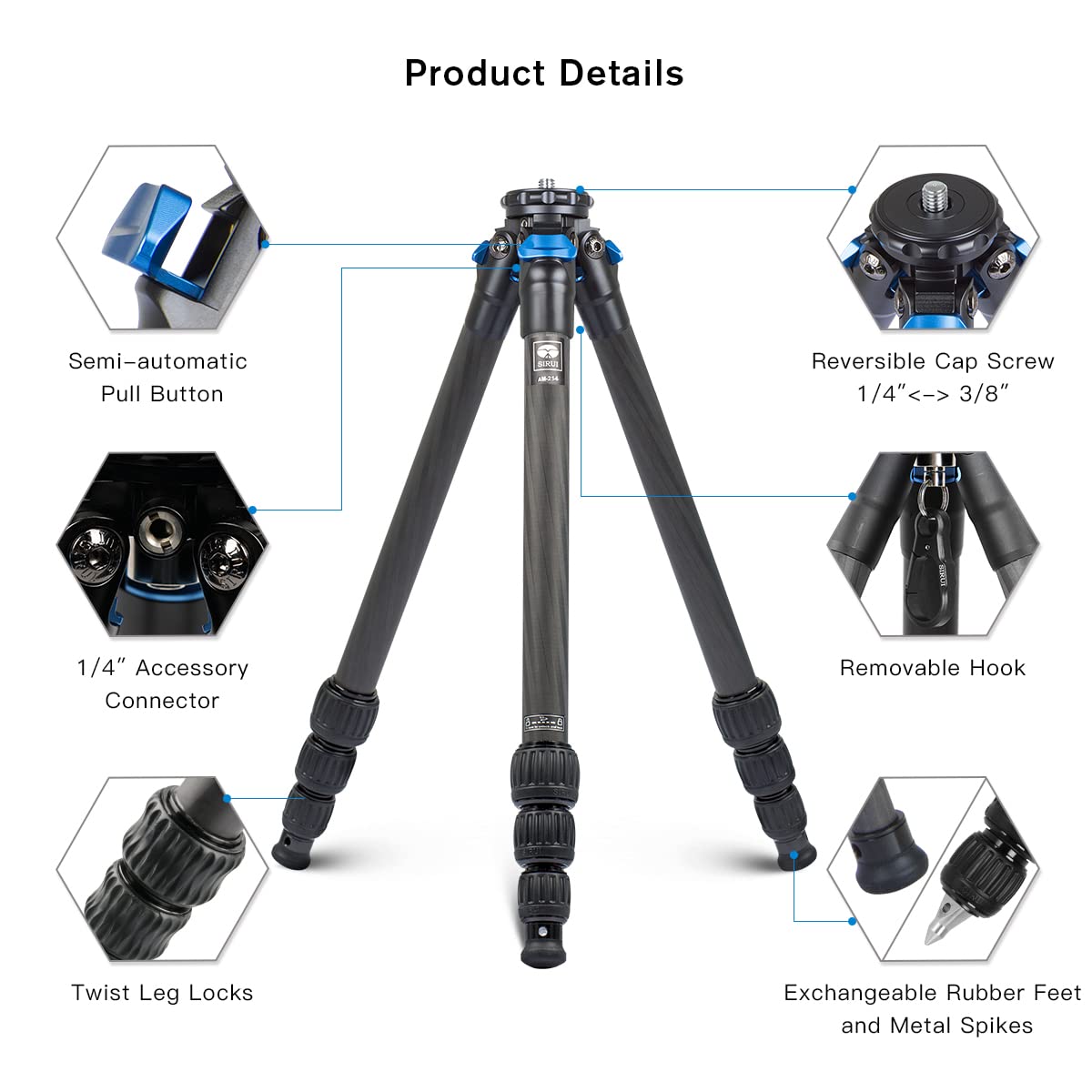 SIRUI AM-254 Carbon Fiber Camera Tripod, 47" Lightweight Compact Travel Tripod, 4-Section Legs, Twist Locks, Steel Spikes, Loads up to 26.5lbs/12kg