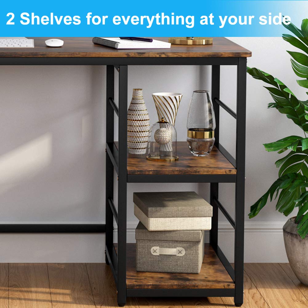 Tribesigns 55 Inch Computer Desk with 2-Tier Storage Shelves, Rustic Modern Home Office Desk Study Table Studying Writing Desk Workstation for Home Office (55 Inch, Retro Brown)