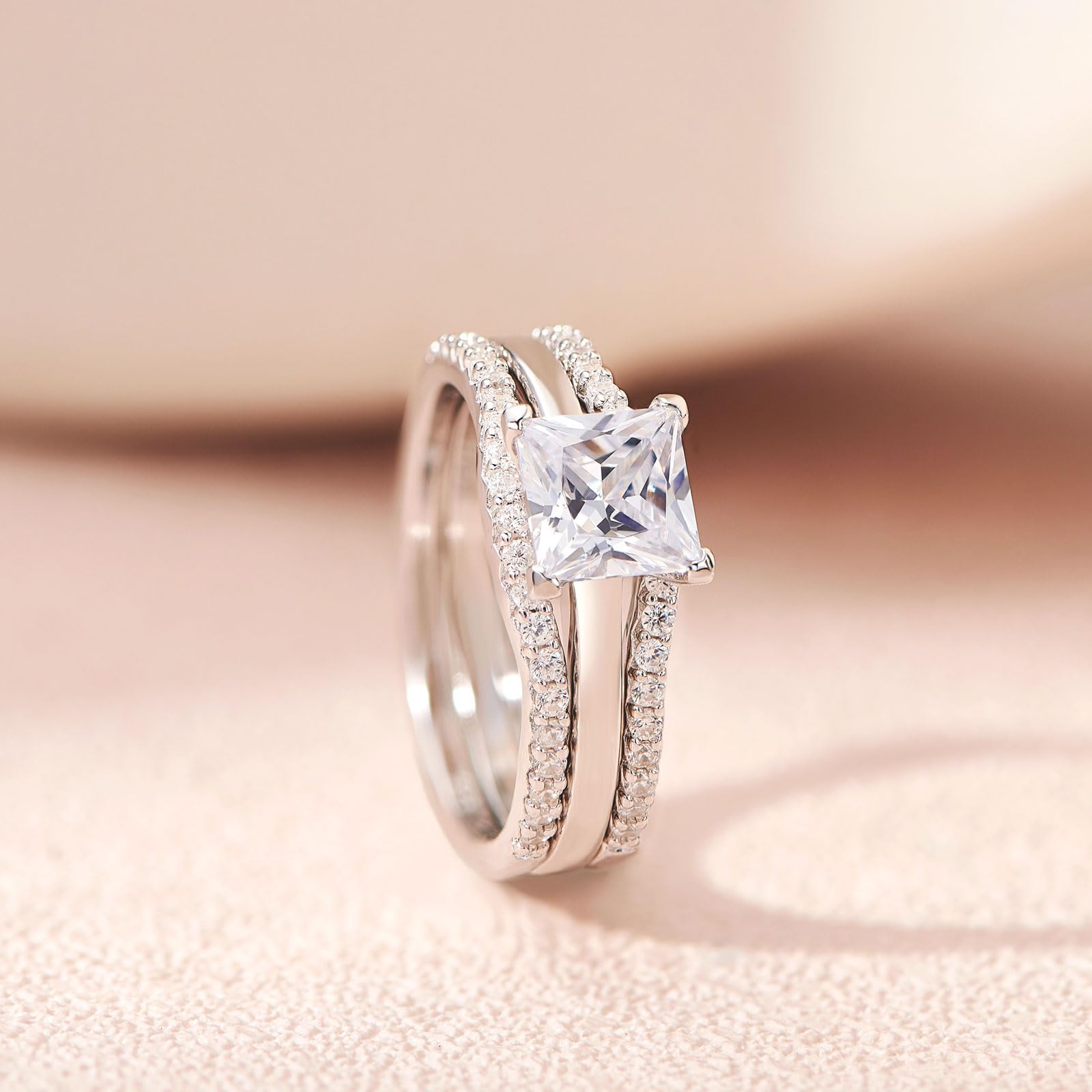 SHELOVES Solitaire Princess CZ Engagement Rings Set Wedding Band Guard Ring Enhancers Sterling Silver Sz 7