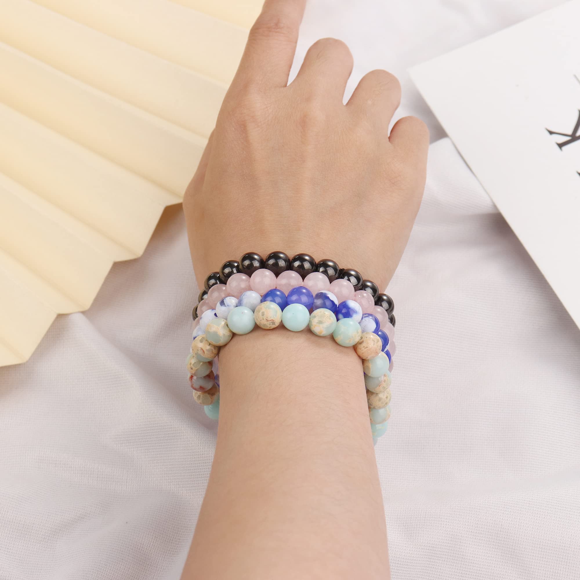 UBGICIG 12Pcs Beaded Crystal Bracelets for Women Men Semi-Precious Gemstones Bracelets 8MM Round Bead Bracelet Adjustable Stackable Healing Stretch Bracelets Pack