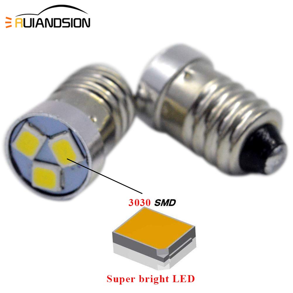 Ruiandsion 4pcs 3V 6V 12V E10 LED Bulb 3030 3SMD White LED Replacement Bulb Upgrade for Flashlights Torch Light,Negative Earth (3V)