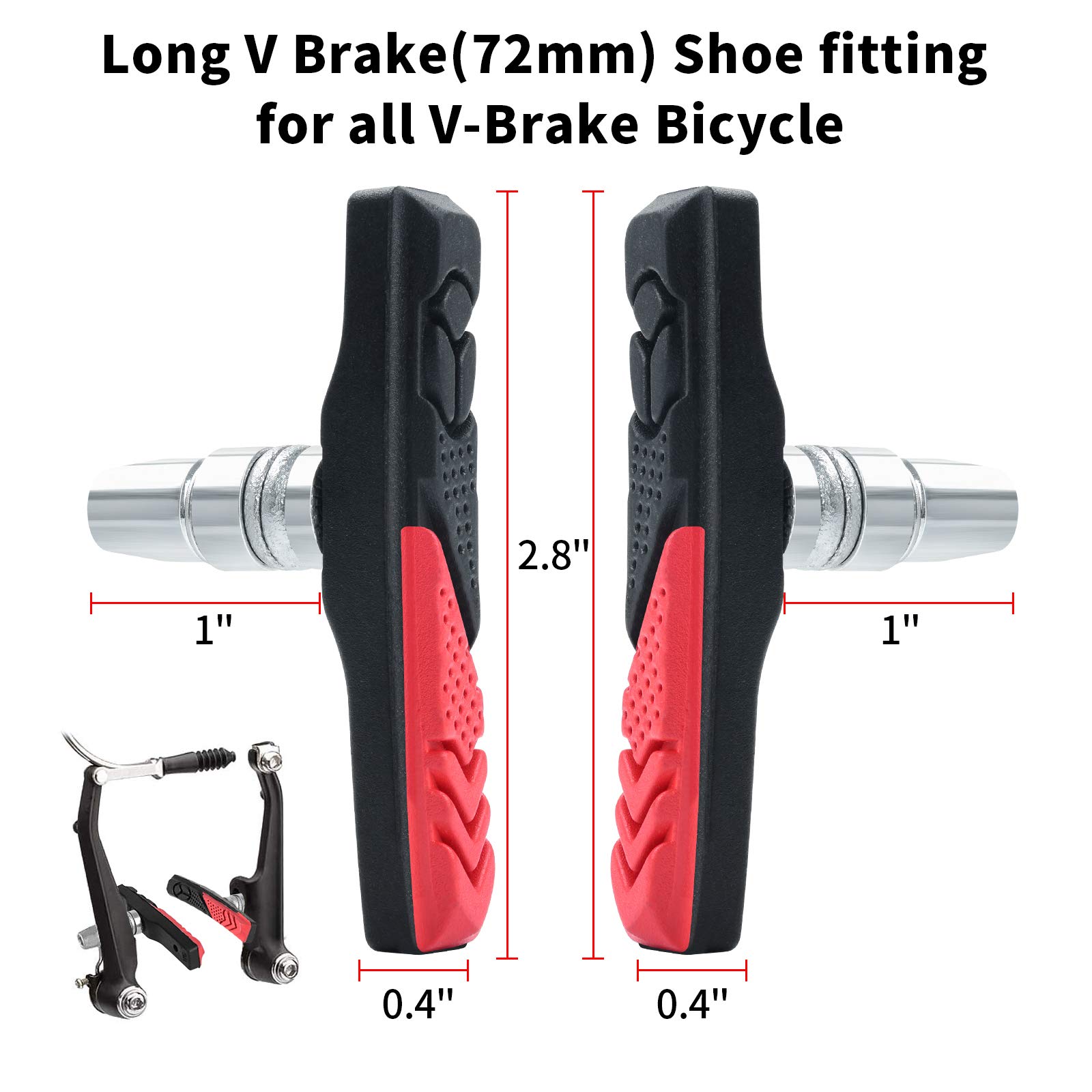 RUJOI 4 Pairs Bike Brake Pads Set,72mm V Brake Shoes with Hex Nuts and Washers, brakes V-Brake Replacement Set for Cruiser MTB Mountain Bicycle