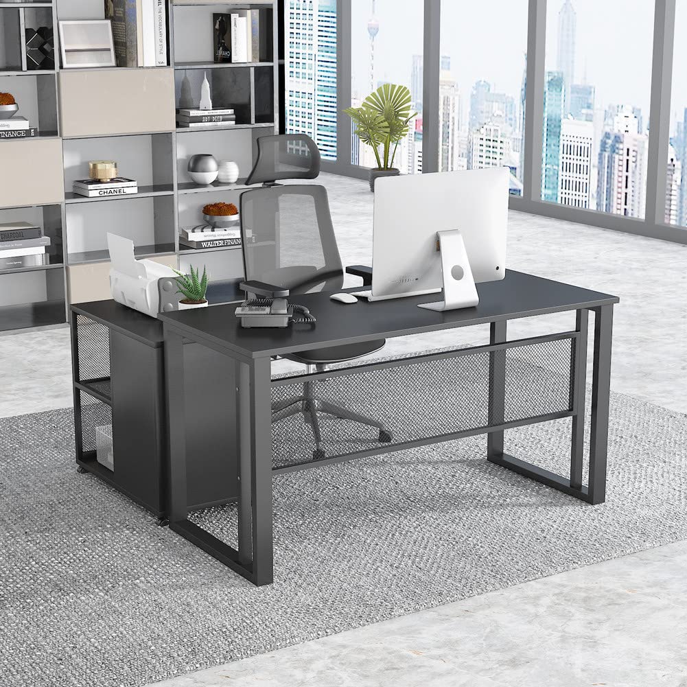 Tribesigns Computer Desk Office Desk with File Cabinet, 55 inch L-Shaped Executive Desk Table with Storage Mobile Printer Filing Stand, Black