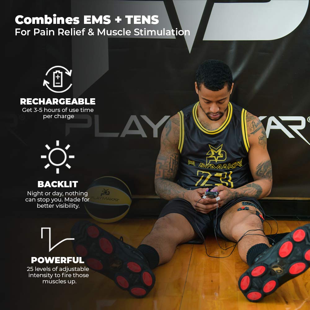 PlayMakar TENS Unit + Muscle Stimulation System | TENS for Pain Relief | Muscle Stimulation for Muscle Training and Recovery | 10 Pre-Set Programs | Backlit Display