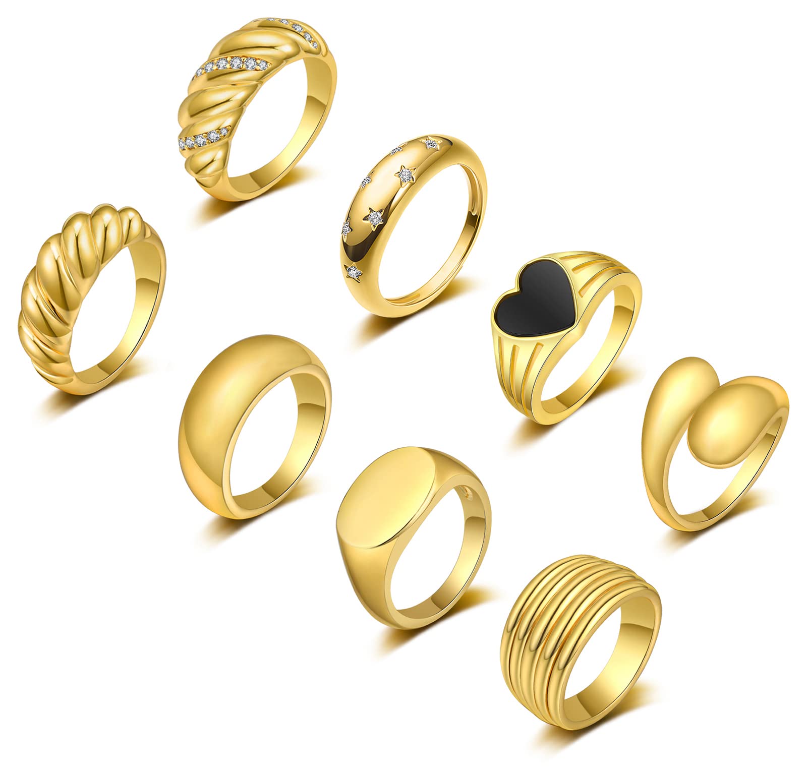 WFYOU 8PCS 18K Gold Plated Chunky Rings for Women Thick Dome Chunky Gold Ring Set Croissant Signet Minimalist Statement Ring Jewelry Size 5-9